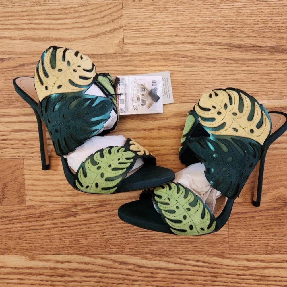 Nwt Zara Wrap Around Leather Palm Leaf Heels, Size 6.5 - Gem